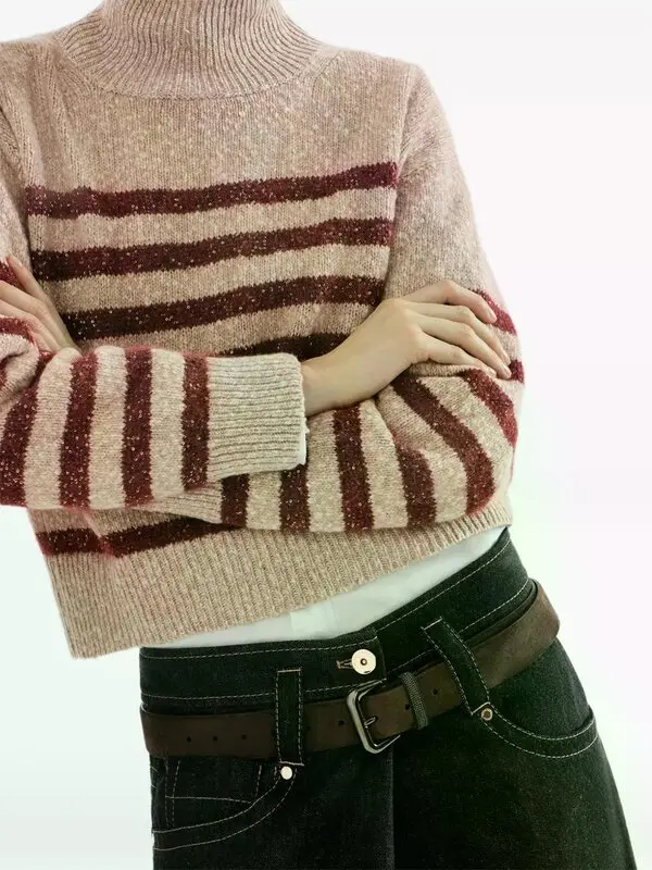 Brunello Cucinelli Soft Virgin Wool And Cashmere Turtleneck Sweater With Sequined Stripes - Neutrals