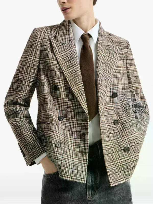 Brunello Cucinelli Prince Of Wales Alpaca And Wool Blazer With Monili - Brown