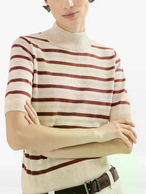 Brunello Cucinelli Virgin Wool, Cashmere, And Silk Knit T-shirt With Sparkling Stripes - Neutrals
