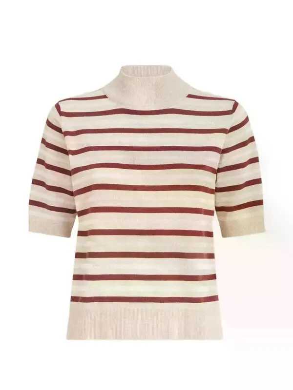 Brunello Cucinelli Virgin Wool, Cashmere, And Silk Knit T-shirt With Sparkling Stripes - Neutrals