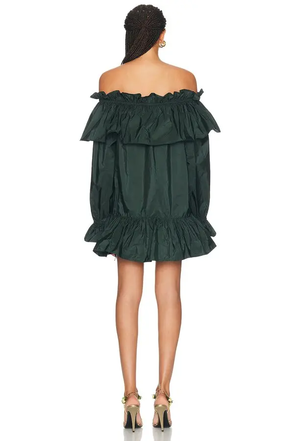 Saint Laurent Off-the-shoulder Ruffled Dress - Vert Fonce