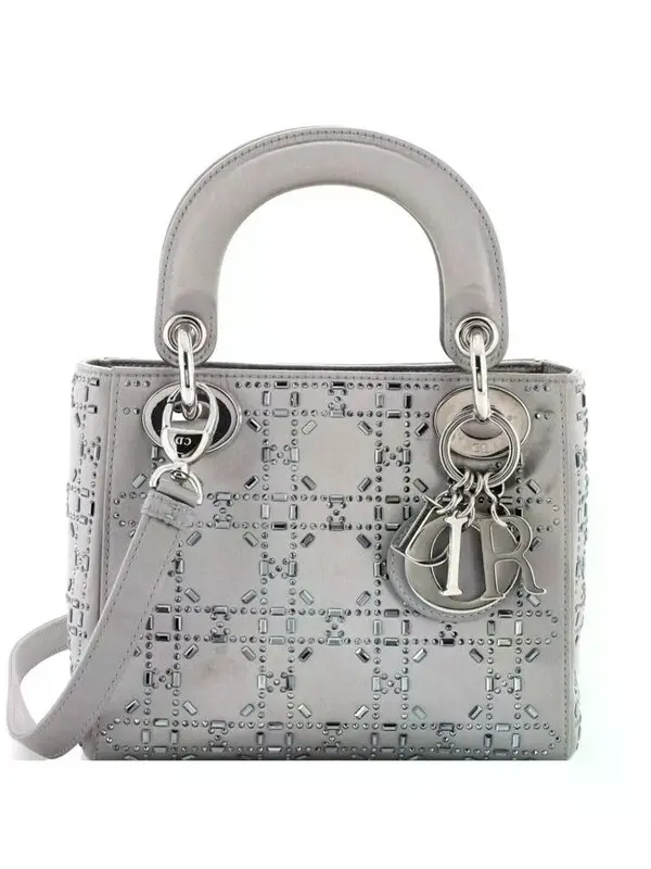 Dior Lady Bag Crystal Embellished Cannage Quilt Satin Mini Satchel - Grey