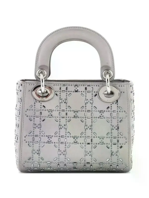 Dior Lady Bag Crystal Embellished Cannage Quilt Satin Mini Satchel - Grey