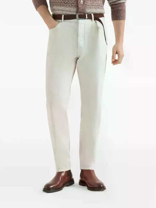 Brunello Cucinelli Iconic Fit Garment-dyed Five-pocket Trousers With Distressed Detailing - White