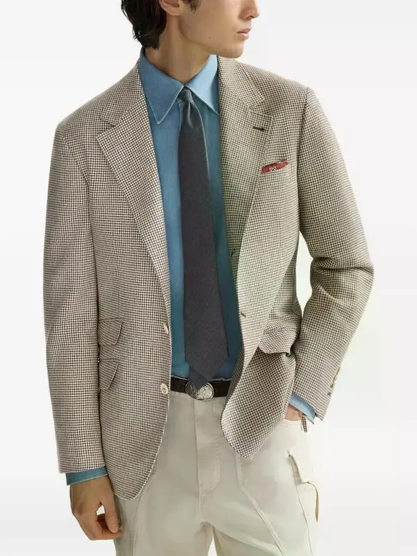 Brunello Cucinelli Wool, Alpaca And Silk Houndstooth Deconstructed Cavallo Blazer - Neutrals