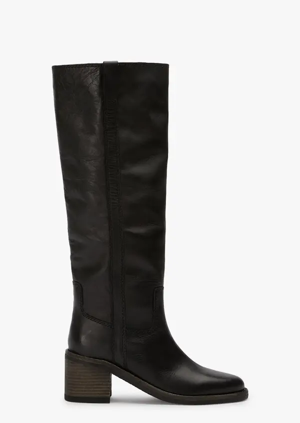 TONY BIANCO Apache Knee High Leather Boots With Oak Veneer Block Heel