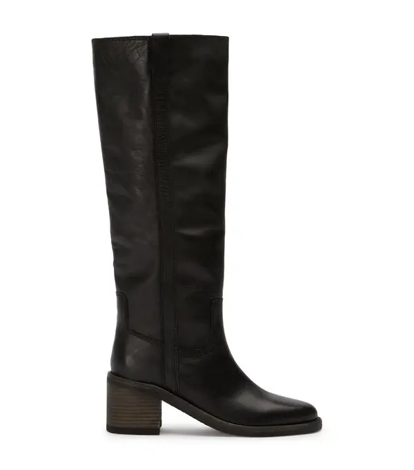 TONY BIANCO Apache Knee High Leather Boots With Oak Veneer Block Heel