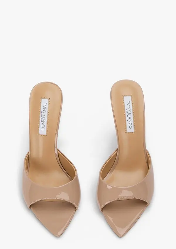 TONY BIANCO Malibu Open Pointed Toe Stiletto Heel Mules - Coco Patent