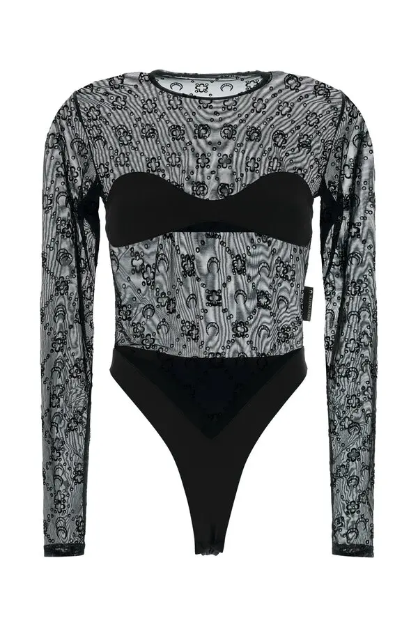 MARINE SERRE Stretch Tulle Bodysuit With Moonogram Print