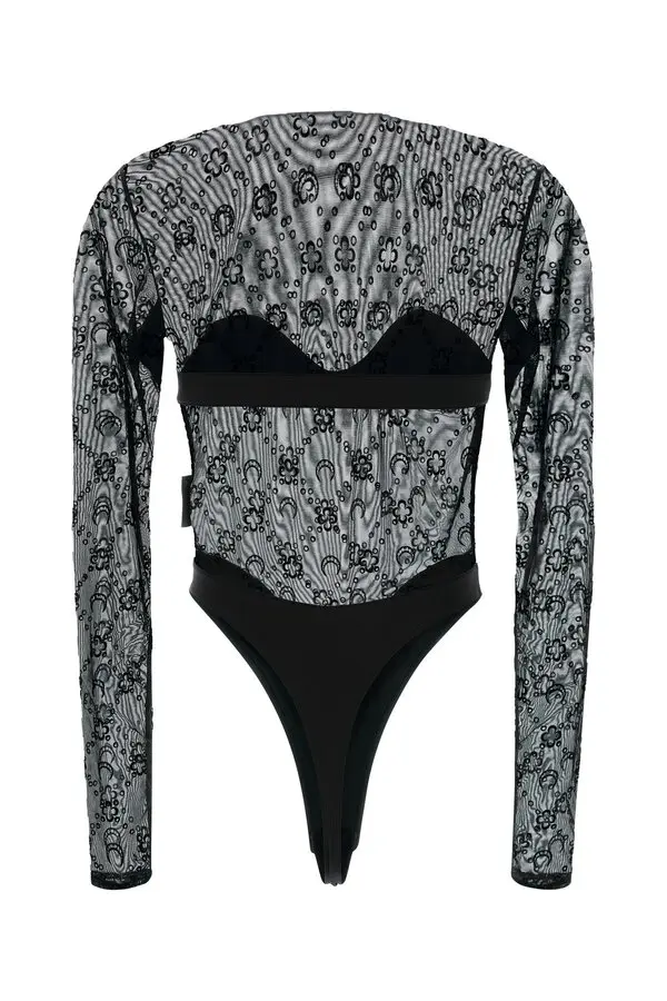 MARINE SERRE Stretch Tulle Bodysuit With Moonogram Print