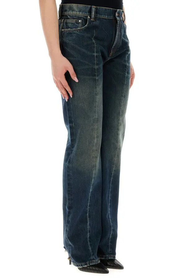 Versace Effect Stonewashed Pure Cotton Denim Jeans With Medusa Head Logo - Blue