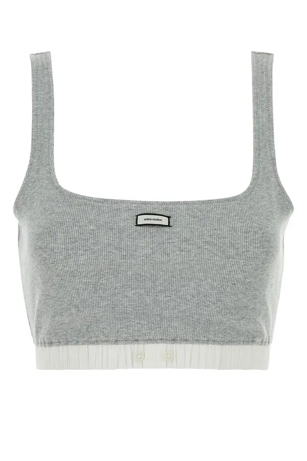 ENTIRE STUDIOS Ribbed Stretch Cotton Crop-top With Gathered Elastic Hem - Grey