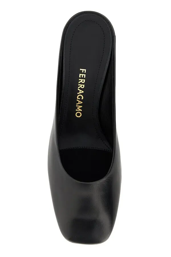 FERRAGAMO Sculptural Heel Leather Mules - Black