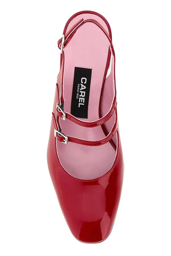 CAREL Patent Leather Slingback Pumps With Decorative Straps And Block Heel - Red