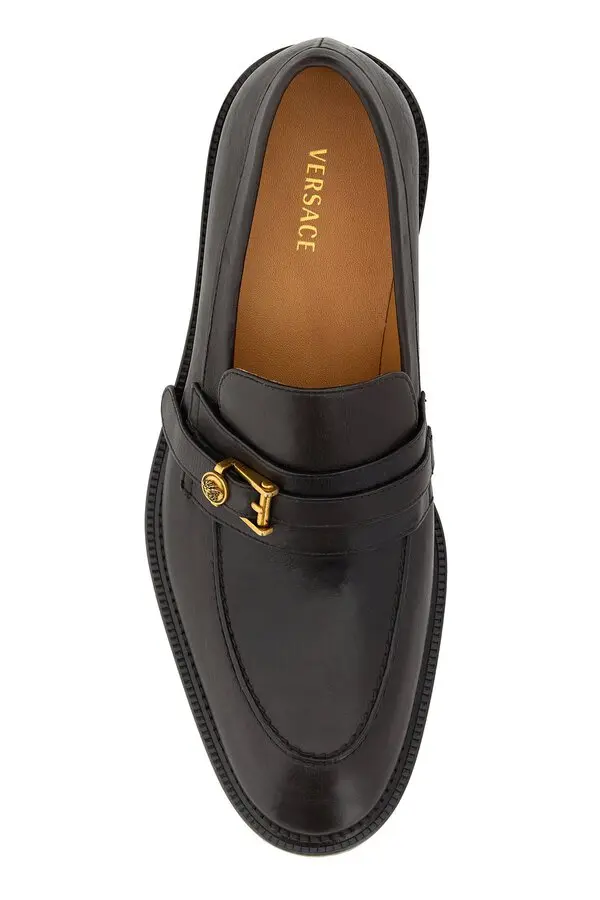 Versace Dark Pebble Leather Loafers With Metal Detail