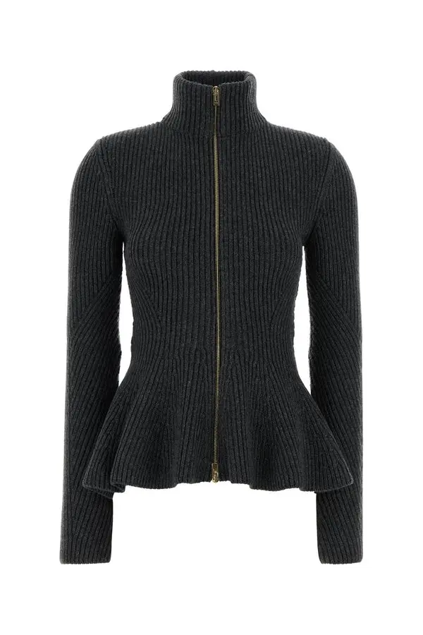 Alaïa Ribbed Virgin Wool And Cashmere Cardigan With Peplum