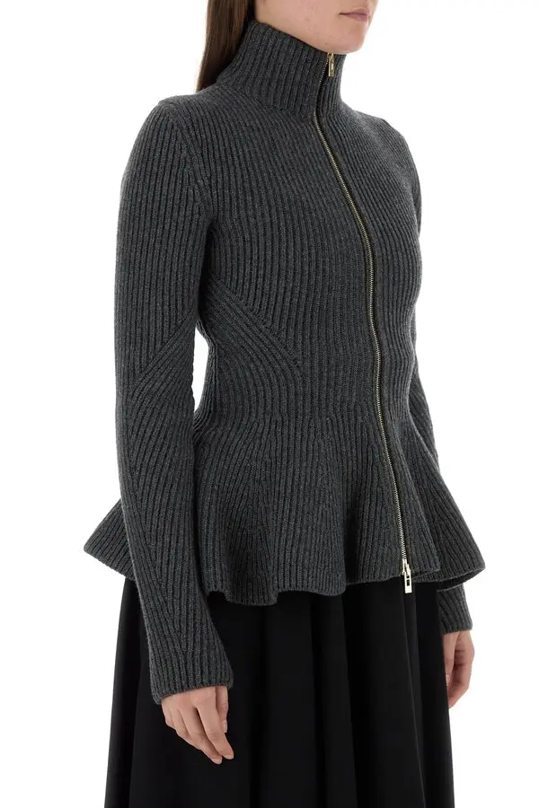 Alaïa Ribbed Virgin Wool And Cashmere Cardigan With Peplum
