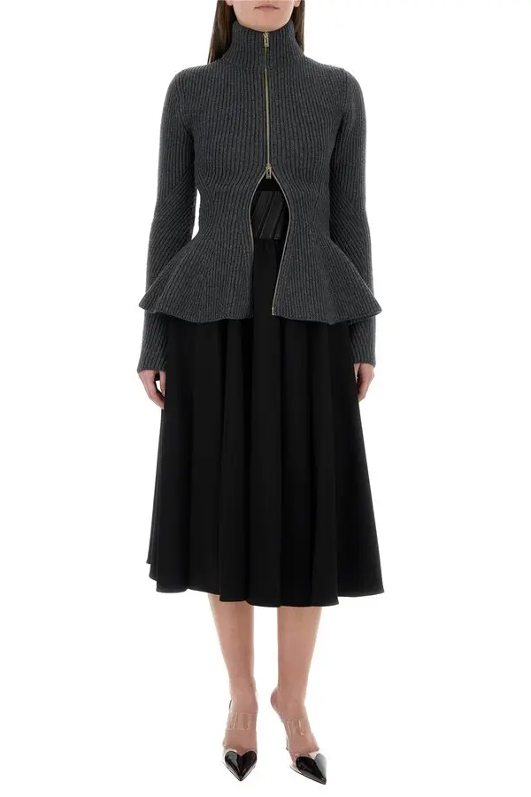 Alaïa Ribbed Virgin Wool And Cashmere Cardigan With Peplum