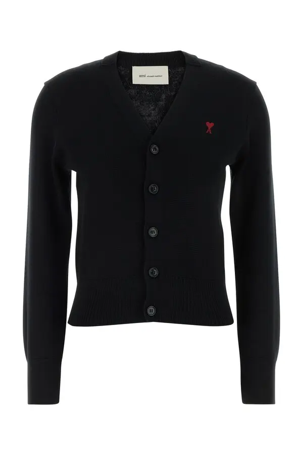 Ami Wool Cardigan With Embroidered Logo - Black