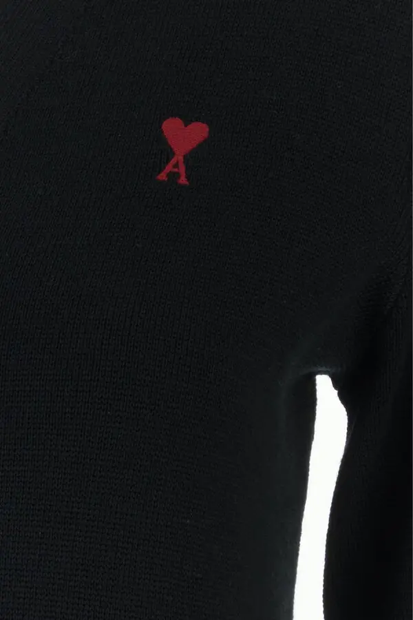 Ami Wool Cardigan With Embroidered Logo - Black