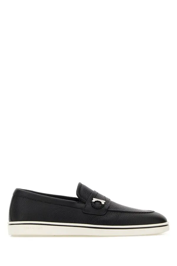 FERRAGAMO Gancini Detail Pebble Calf Leather Loafers - Black