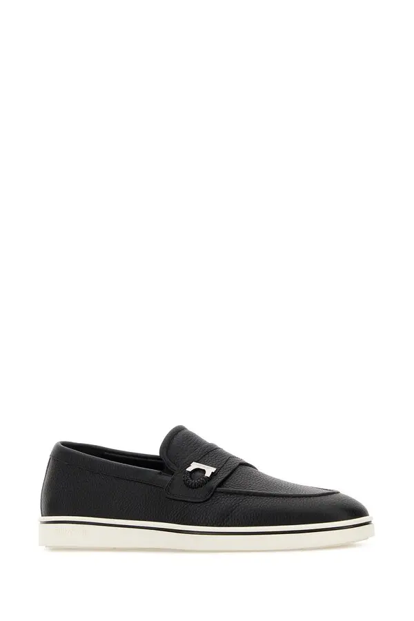 FERRAGAMO Gancini Detail Pebble Calf Leather Loafers - Black
