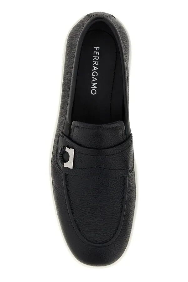 FERRAGAMO Gancini Detail Pebble Calf Leather Loafers - Black