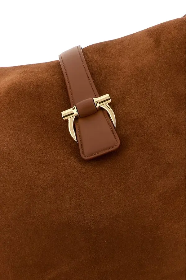 FERRAGAMO Suede Shopping Bag With Gancini Detail - Light Brown