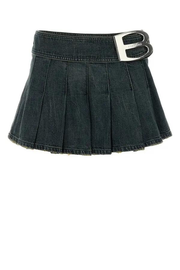 Balenciaga Pleated Denim Mini Skirt With Buckled Belt