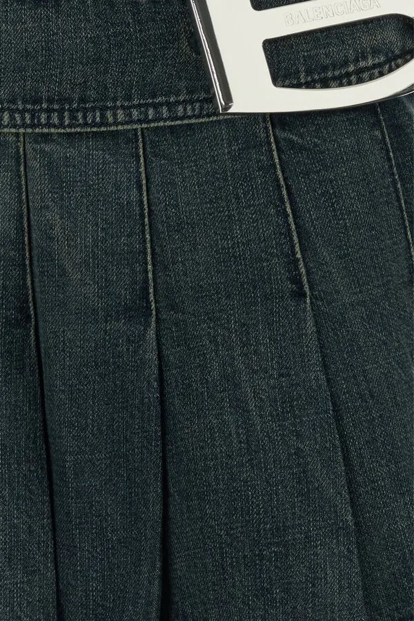 Balenciaga Pleated Denim Mini Skirt With Buckled Belt