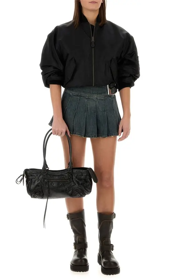 Balenciaga Pleated Denim Mini Skirt With Buckled Belt