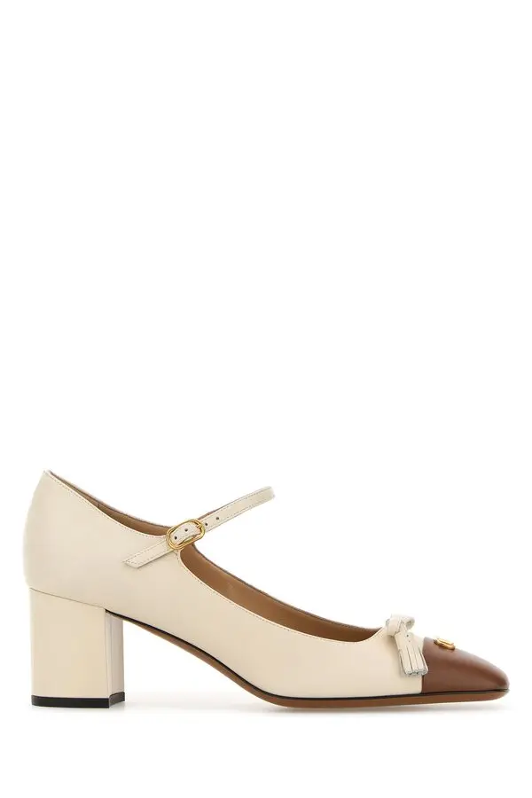 Valentino Garavani Ivory Leather Vlogo Signature Mary Jane Pumps With Bow Detail