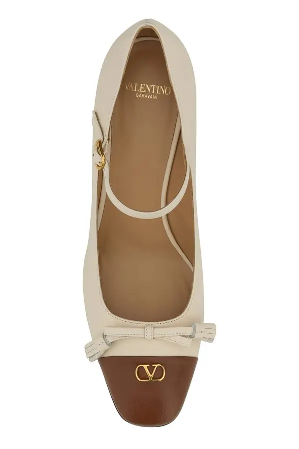 Valentino Garavani Ivory Leather Vlogo Signature Mary Jane Pumps With Bow Detail