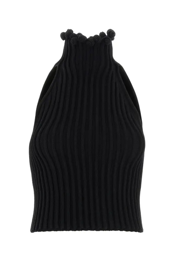 Alaïa Ribbed Viscose Blend Halter Neck Top With Floral Appliques
