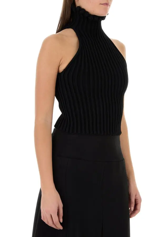 Alaïa Ribbed Viscose Blend Halter Neck Top With Floral Appliques