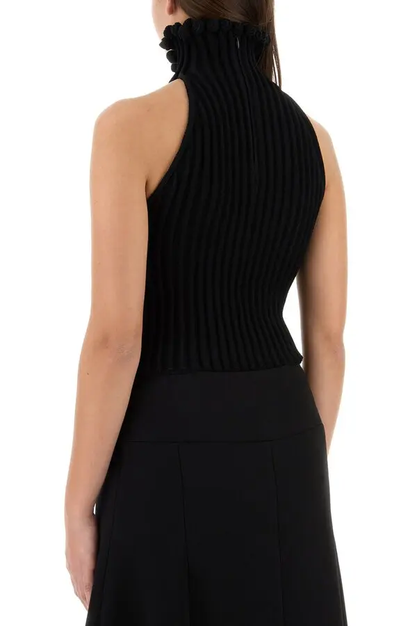 Alaïa Ribbed Viscose Blend Halter Neck Top With Floral Appliques