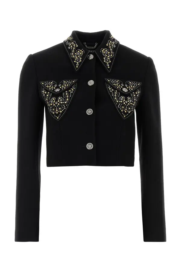 Versace Wool Blend Blazer With Embellished Collar And Pockets