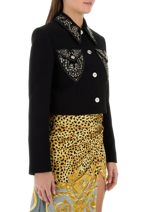 Versace Wool Blend Blazer With Embellished Collar And Pockets
