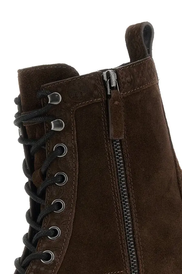Tory Burch Suede Lace-up Ankle Boots With Embossed Logo - Brown