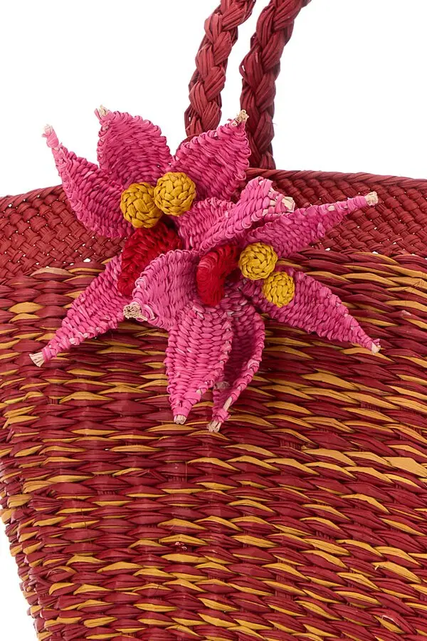 AMOR Y MEZCAL Raffia Bucket Bag With Floral Applique