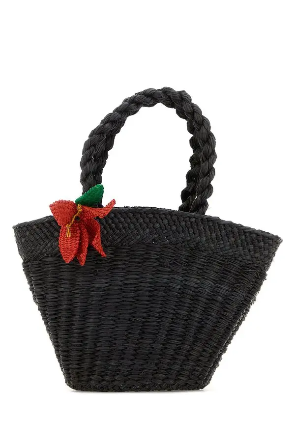 AMOR Y MEZCAL Raffia Bucket Bag With Floral Applique - Black