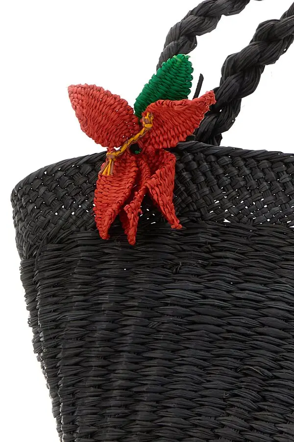AMOR Y MEZCAL Raffia Bucket Bag With Floral Applique