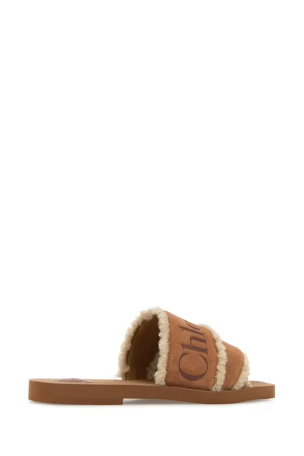 Chloé Suede Woody Slippers With Shearling Inserts - Light Brown