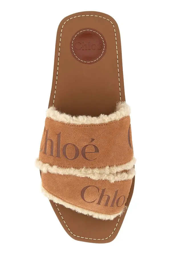 Chloé Suede Woody Slippers With Shearling Inserts - Light Brown