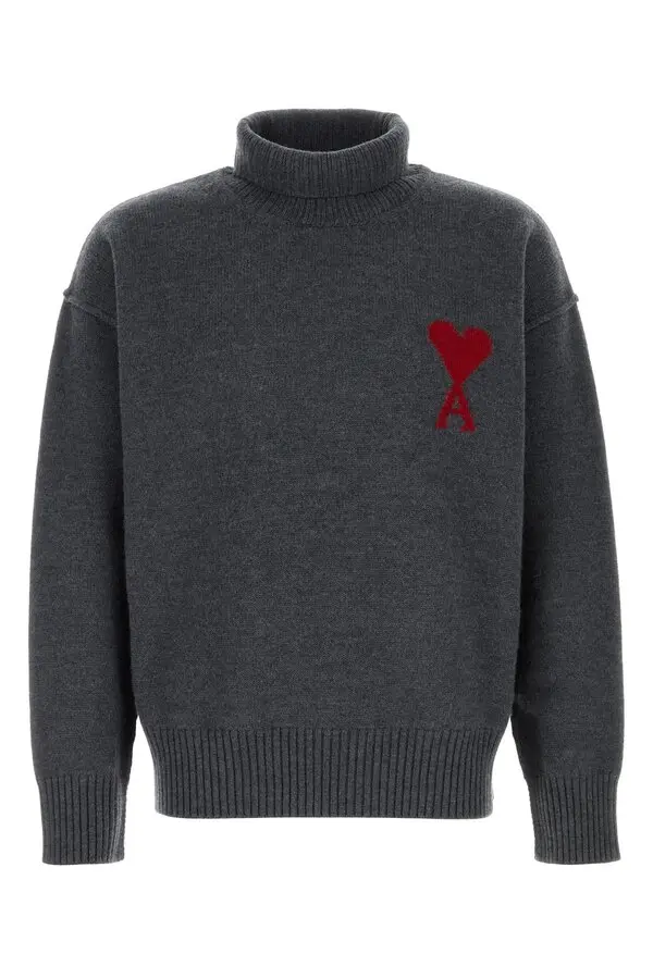 AMI Paris Dark Wool Sweater With Contrasting De Coeur Embroidery