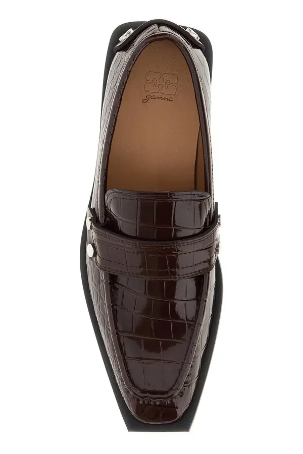 GANNI Patent Crocodile-effect Loafers With Stud Detailing