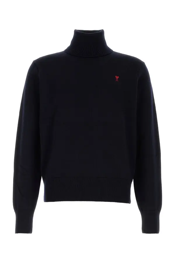 Ami Merino Wool Turtleneck Sweater With De Coeur Embroidery - Blue