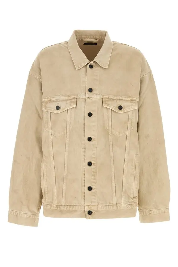 Balenciaga Beige Cotton Denim Jacket With Embroidered Logo - Light Brown