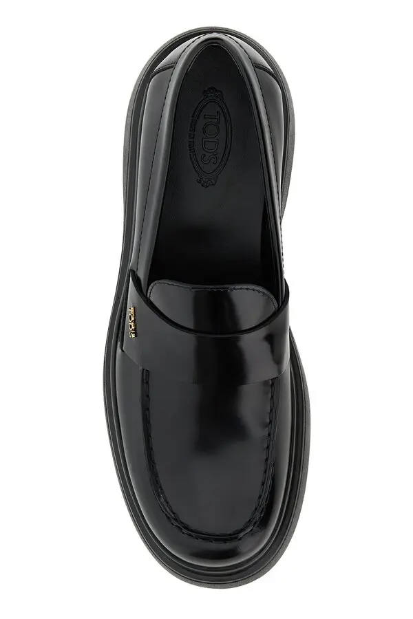 TOD'S Polished Leather Loafers With Metal Lettering Logo