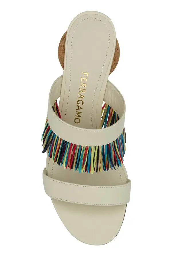 FERRAGAMO Ivory Leather Mules With Fringe Detail